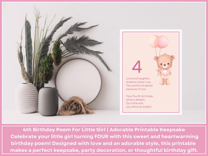 Adorable 4th Birthday Poem Printable for Little Girl Instant Download Perfect Gift or Birthday ...