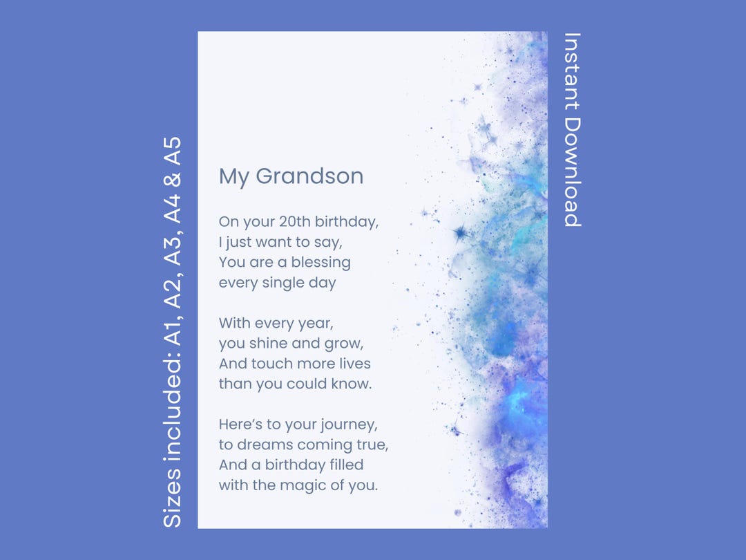 20th Birthday Poem for Grandson: Heartfelt Keepsake Gift (digital ...