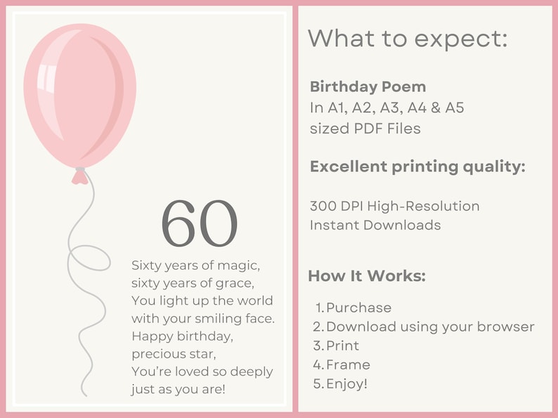 60th Birthday Poem Printable: Gift for Mom, Sister, Wife, Friend ...