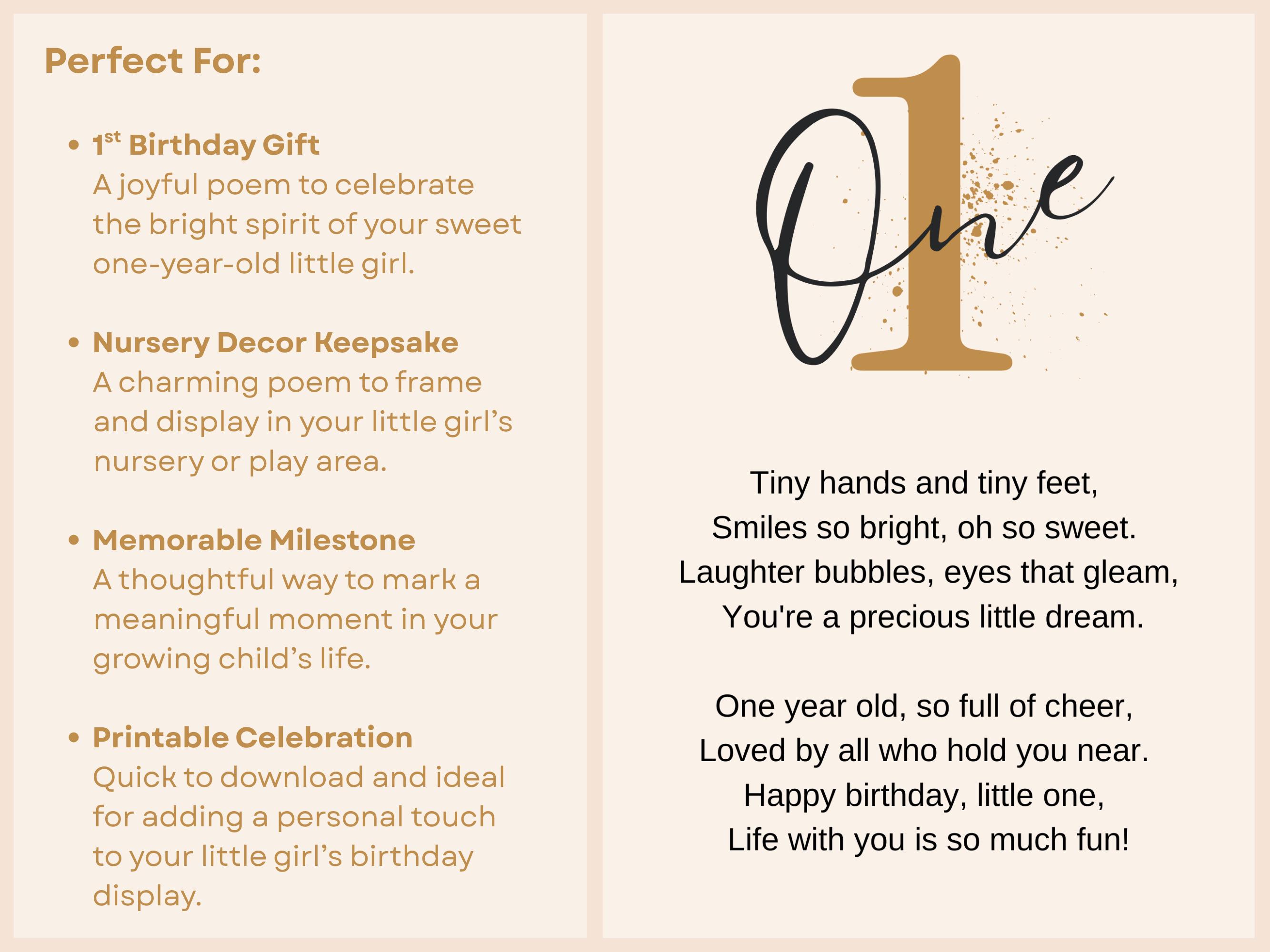 Happy 1st Birthday Poem for Daughter Granddaughter Niece Little Girl ...