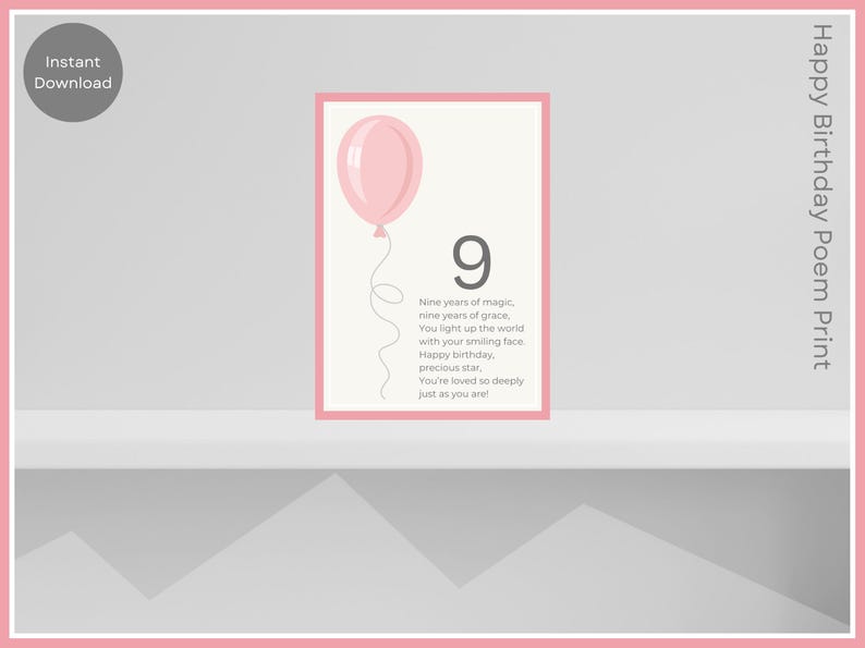 9th Birthday Poem Printable With Pink Balloon Heartfelt Gift Instant ...