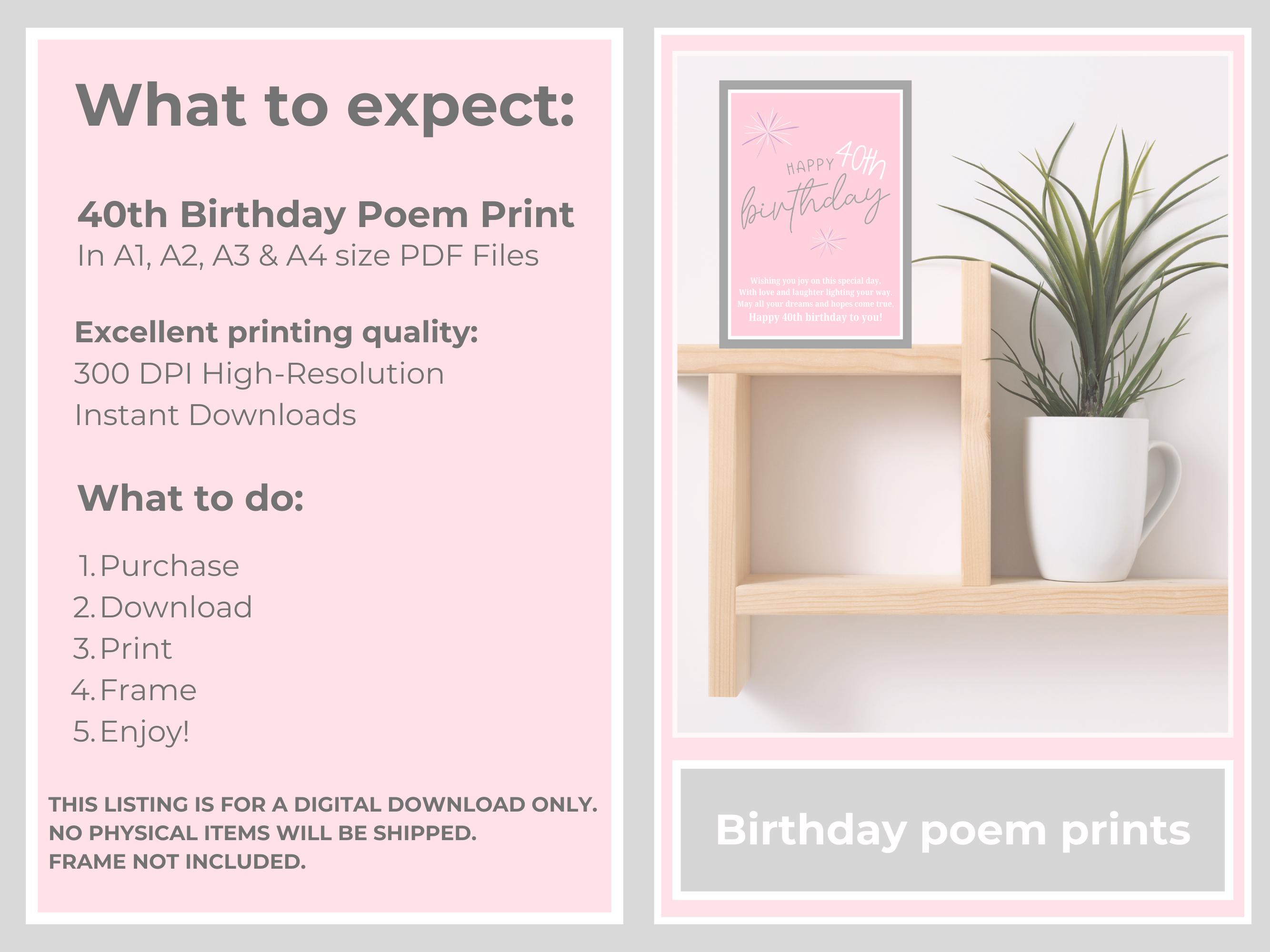 40th Birthday Poem Printable for Daughter Sister Friend Wife Instant ...