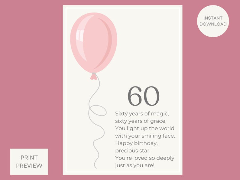 60th Birthday Poem Printable: Gift for Mom, Sister, Wife, Friend ...