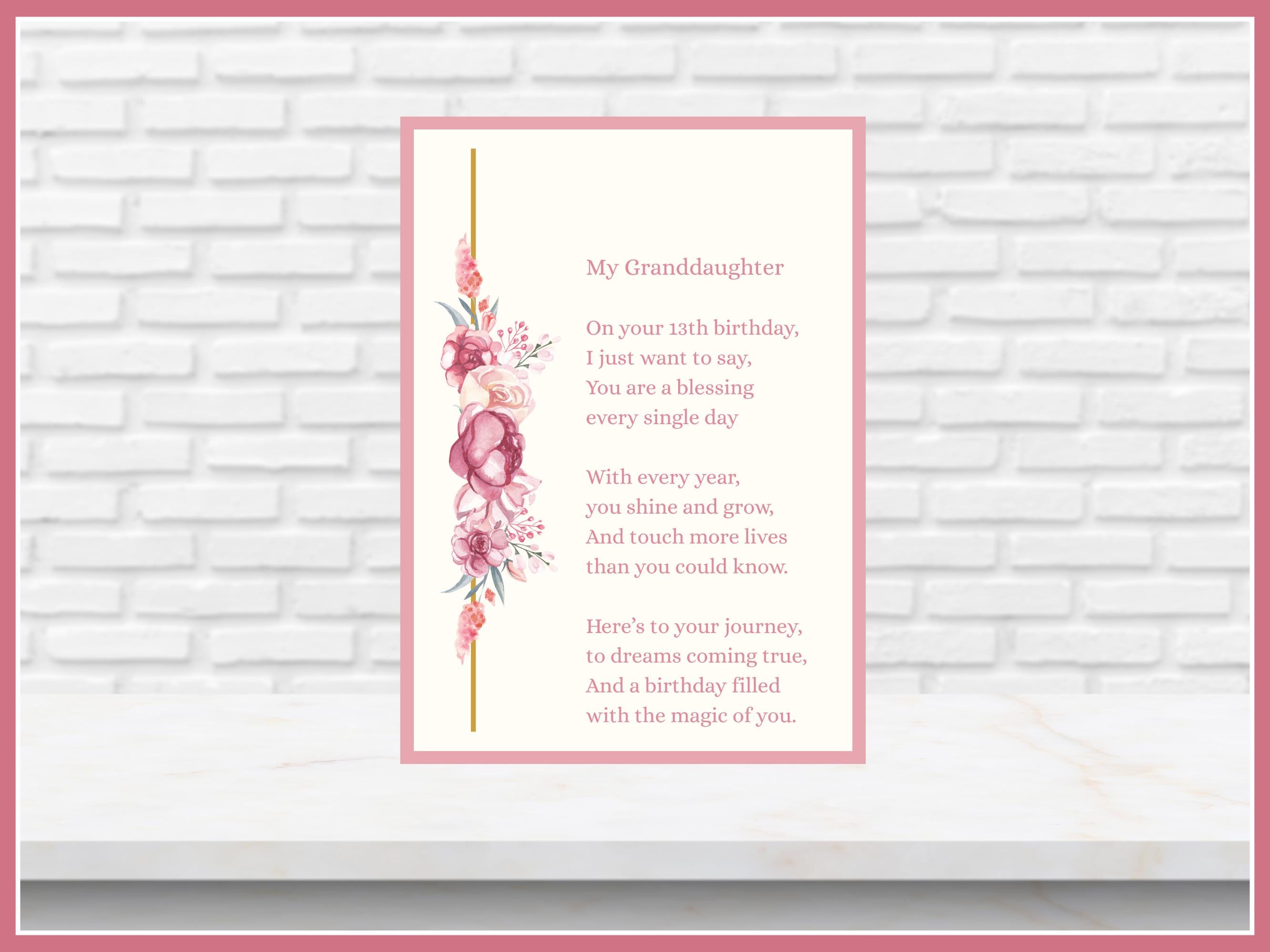 Granddaughter 13th Birthday Poem Print: Milestone Gift Keepsake ...