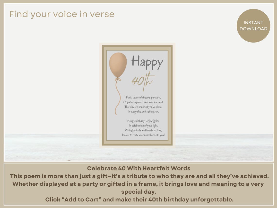 40th Birthday Poem Printable for Him or Her: Elegant Keepsake Gift ...