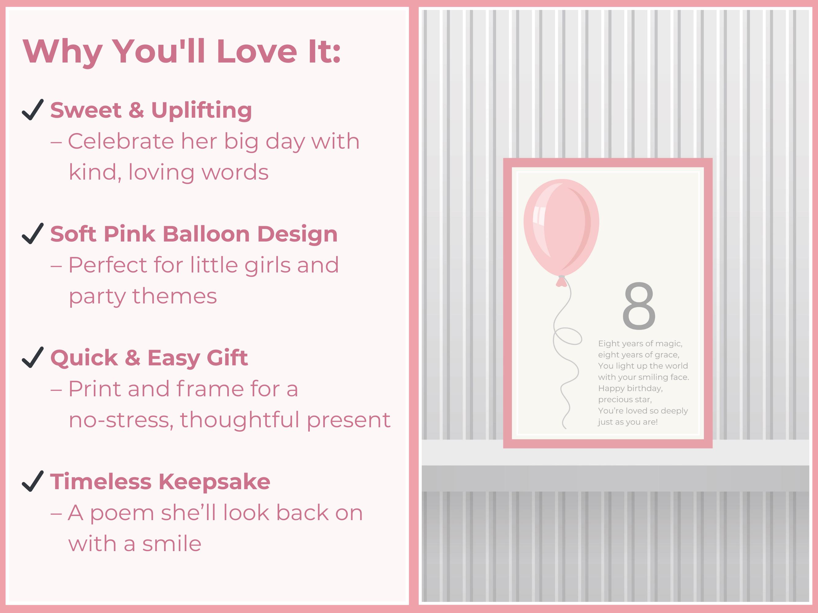 8th Birthday Poem Print: Pink Balloon Girl's Gift (digital Download) - Etsy