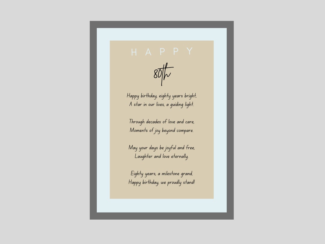 80th Birthday Poem Print Birthday Wishes Unique Birthday Gift Printable ...
