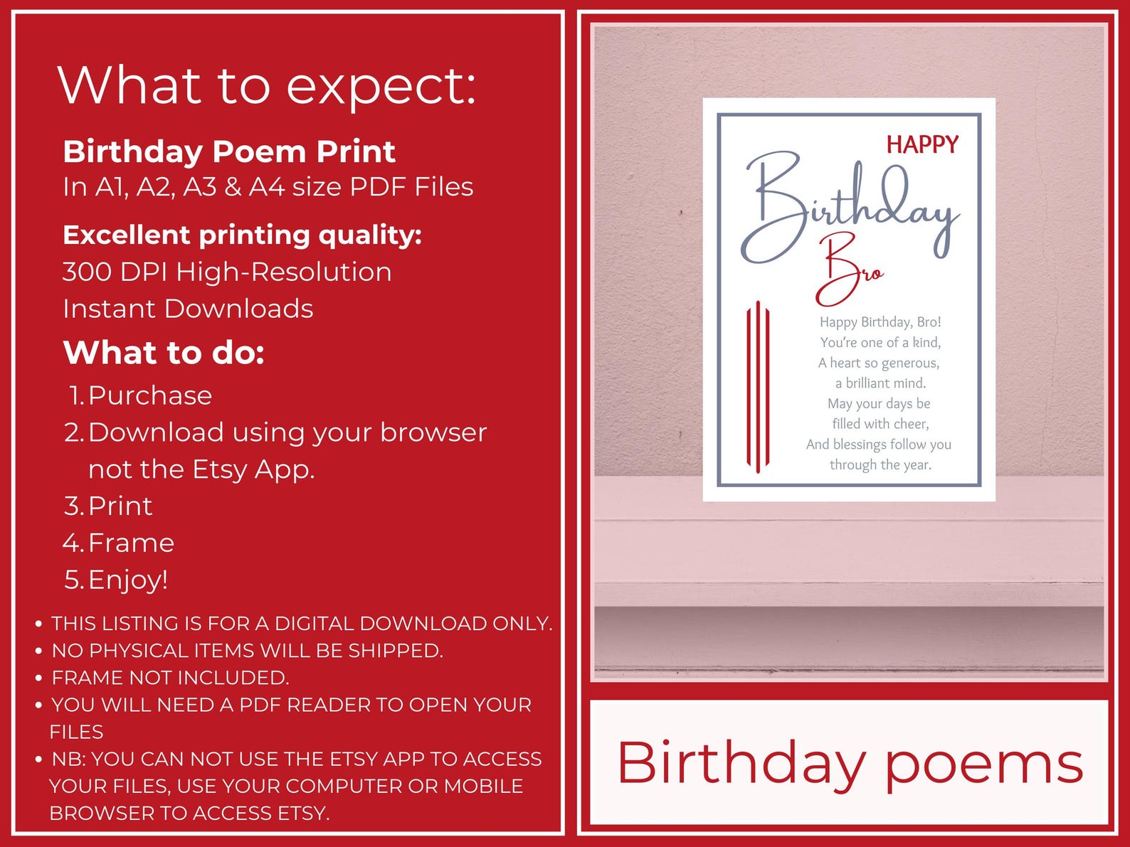 Bro Birthday Poem Printable Perfect Gift for Brother Instant Download ...
