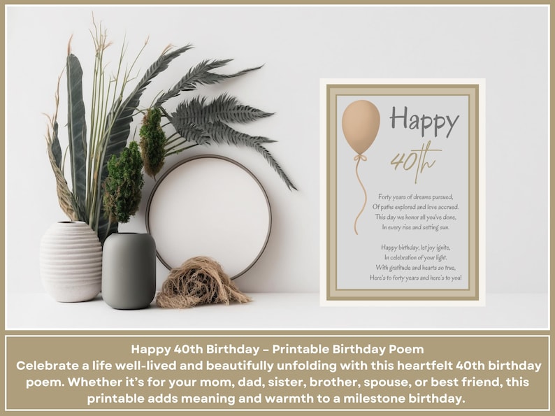 40th Birthday Poem Printable for Him or Her: Elegant Keepsake Gift ...