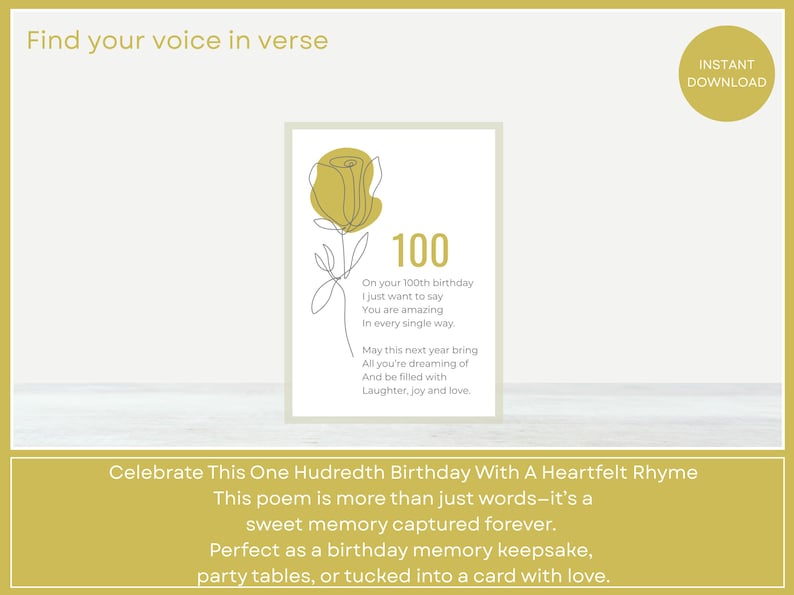 100th Birthday Poem Printable Century Celebration Gift for Mom, Sister ...