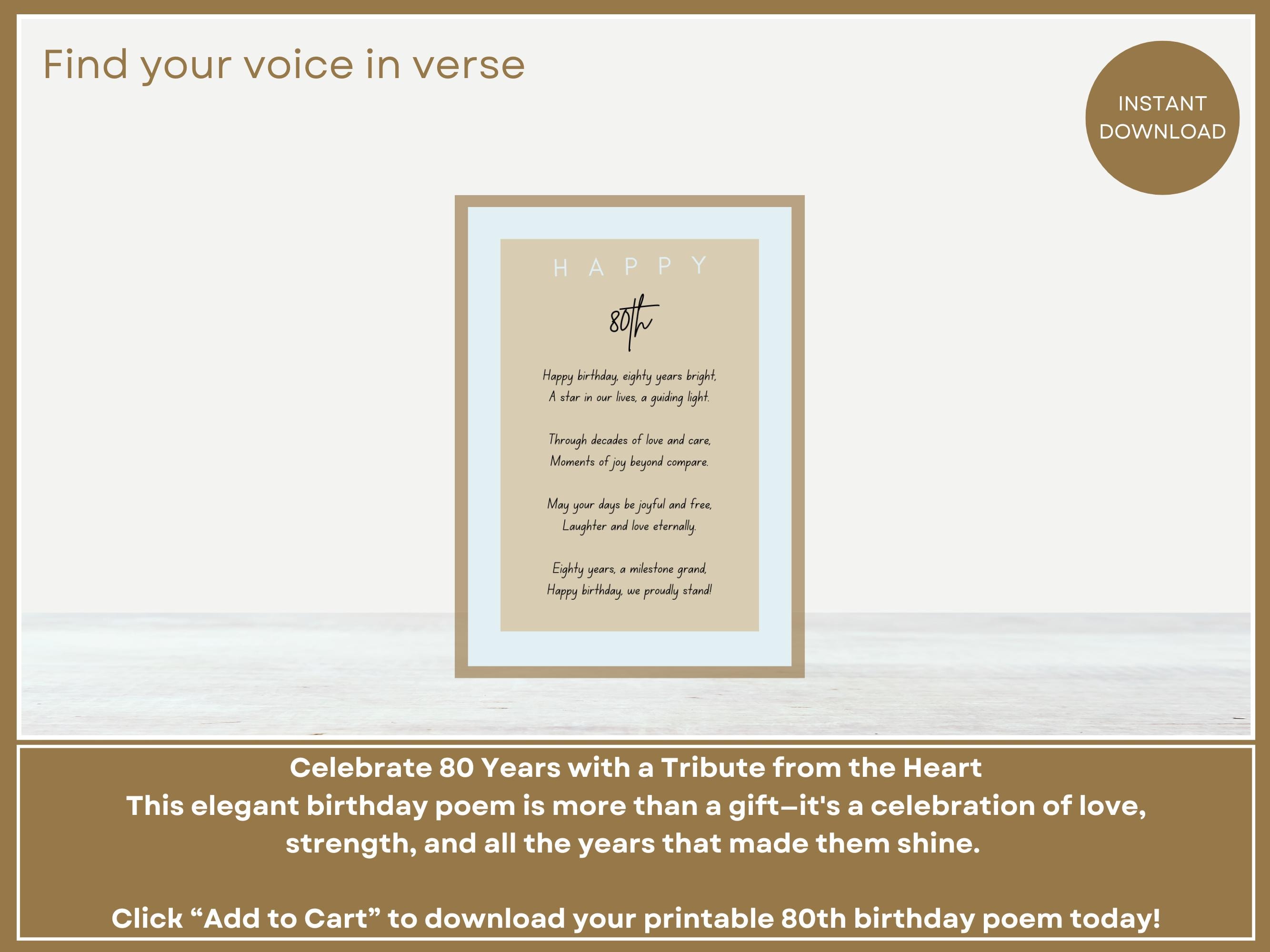 80th Birthday Poem Print for Him or Her: Elegant Milestone Gift ...