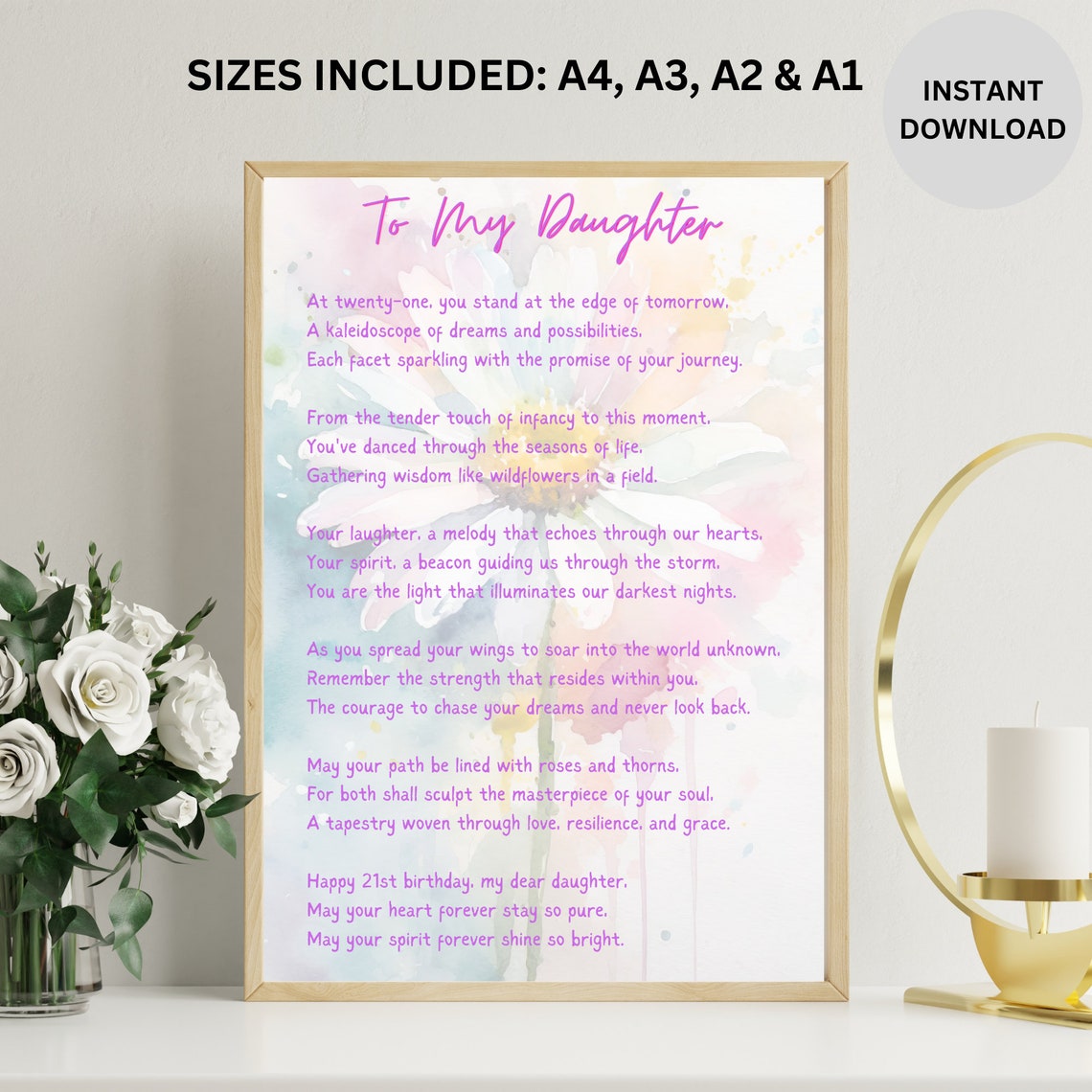 Daughter's 21st Birthday Poem Printable Wall Art of Free Verse ...
