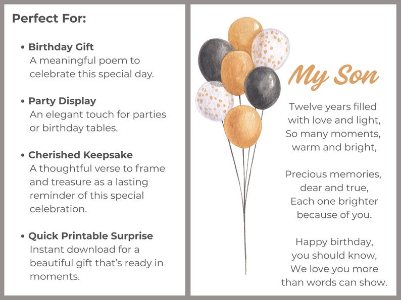 12th Birthday Poem for Son Printable Meaningful Gift Instant Download ...