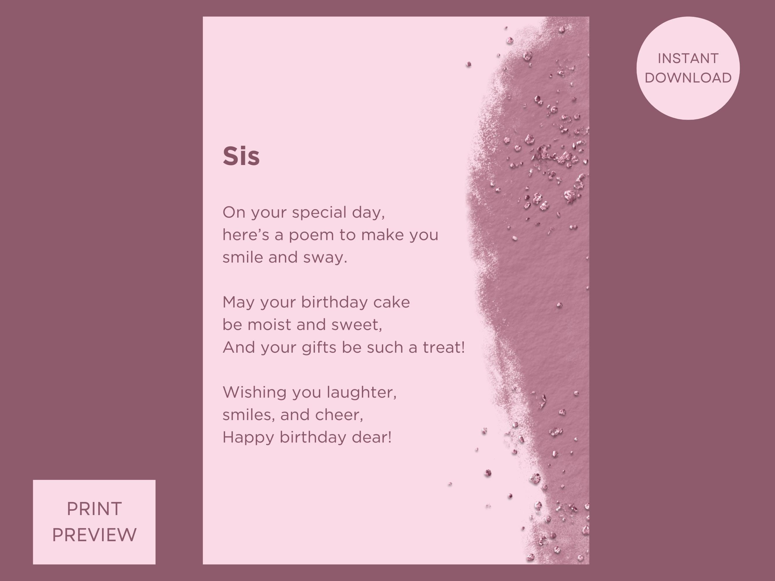 Birthday Poem for Sis Printable Heartfelt Gift Digital Download - Etsy