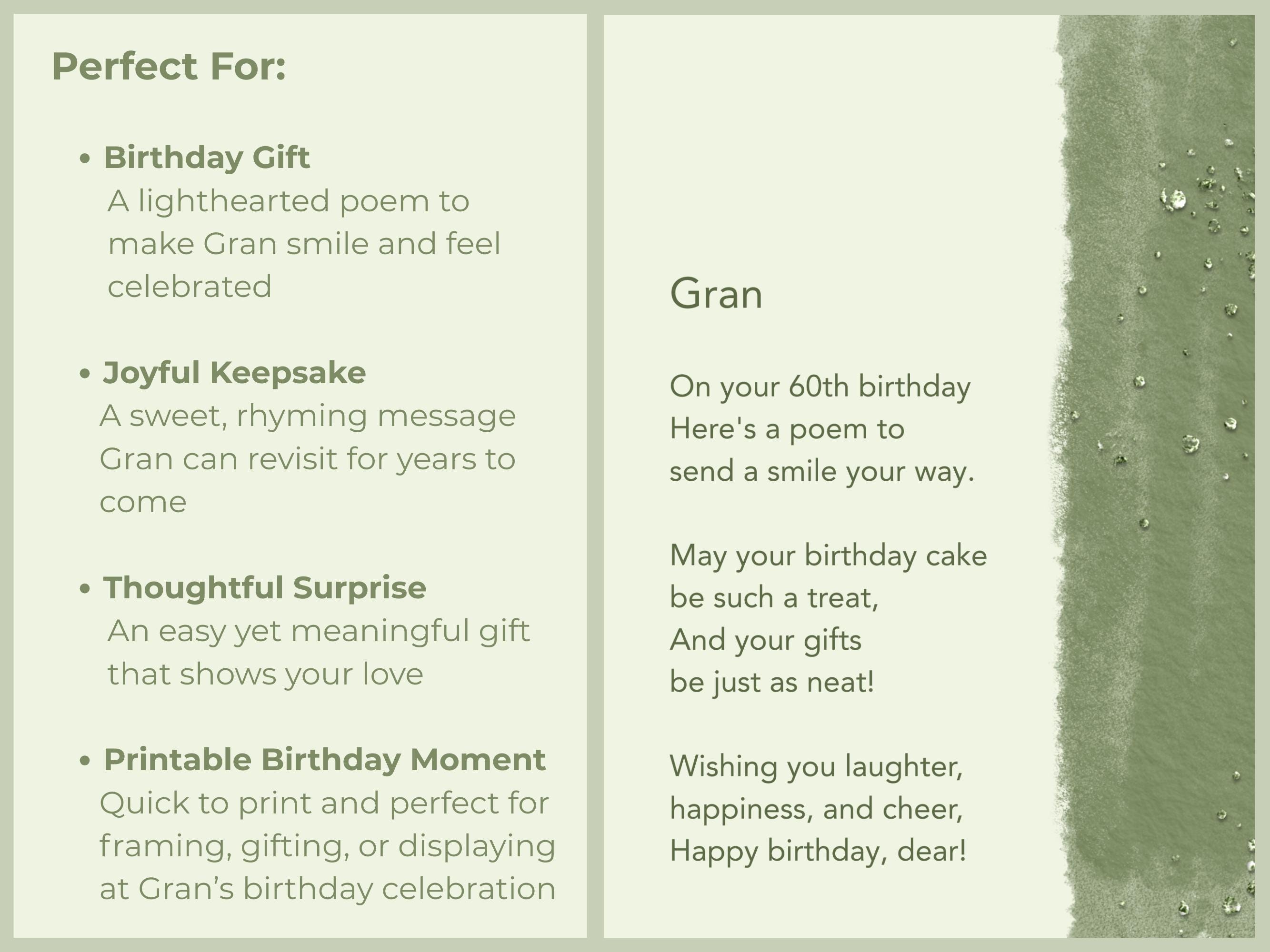 60th Birthday Poem for Gran: Printable Grandmother Gift (digital ...