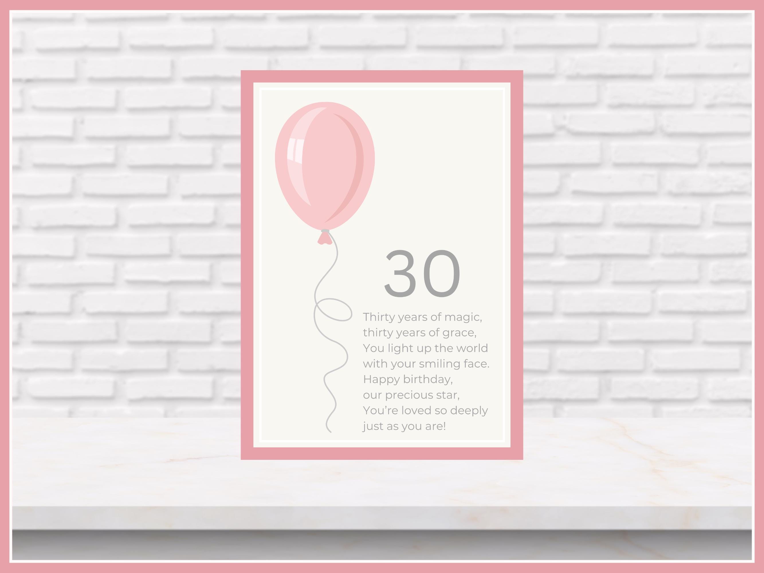 Happy 30th Birthday Poem Printable for Daughter Friend Sister Wife ...