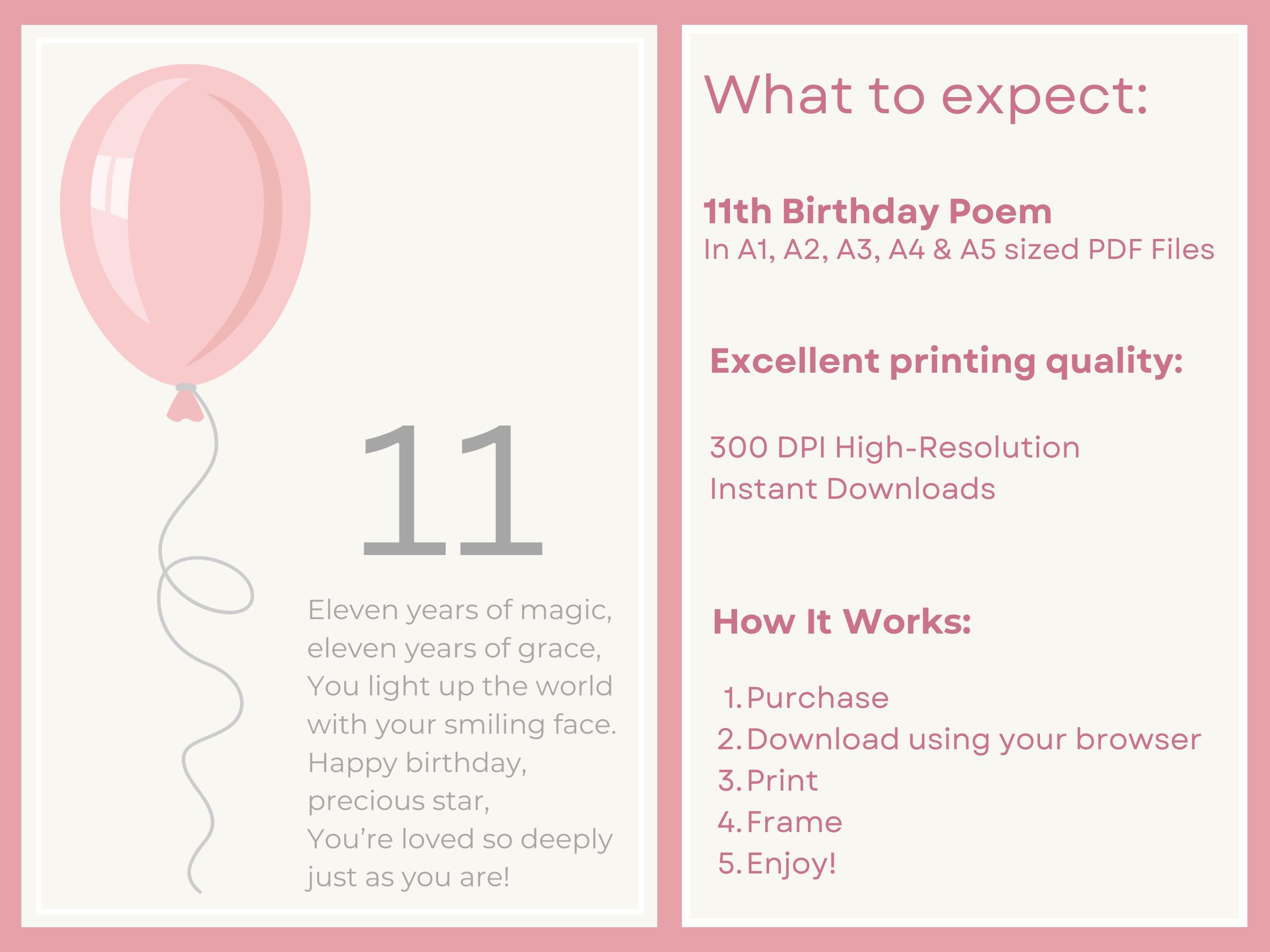 11th Birthday Poem Printable for Daughter Granddaughter or Little Girl ...