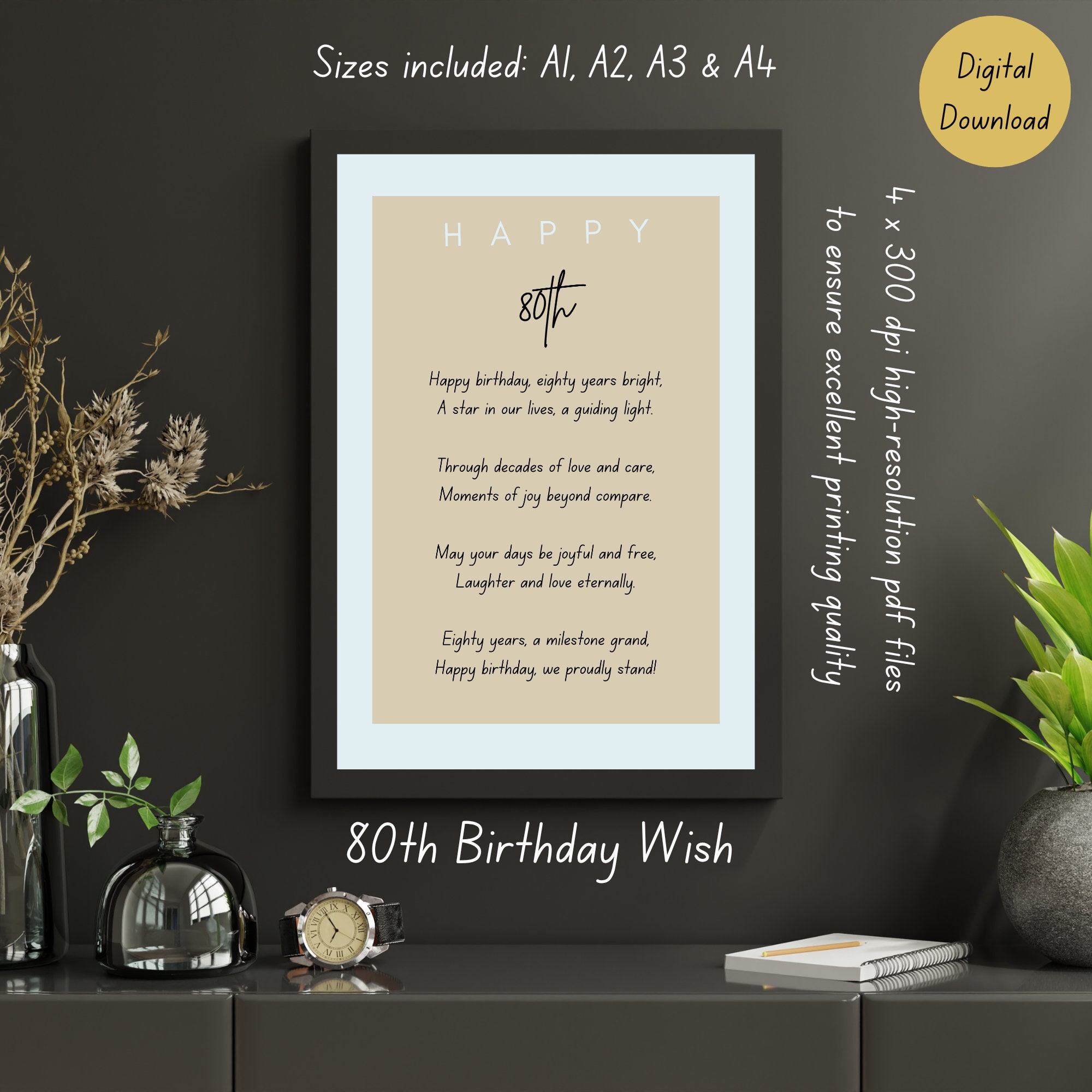 80th Birthday Poem Print Birthday Wishes Unique Birthday Gift Printable ...