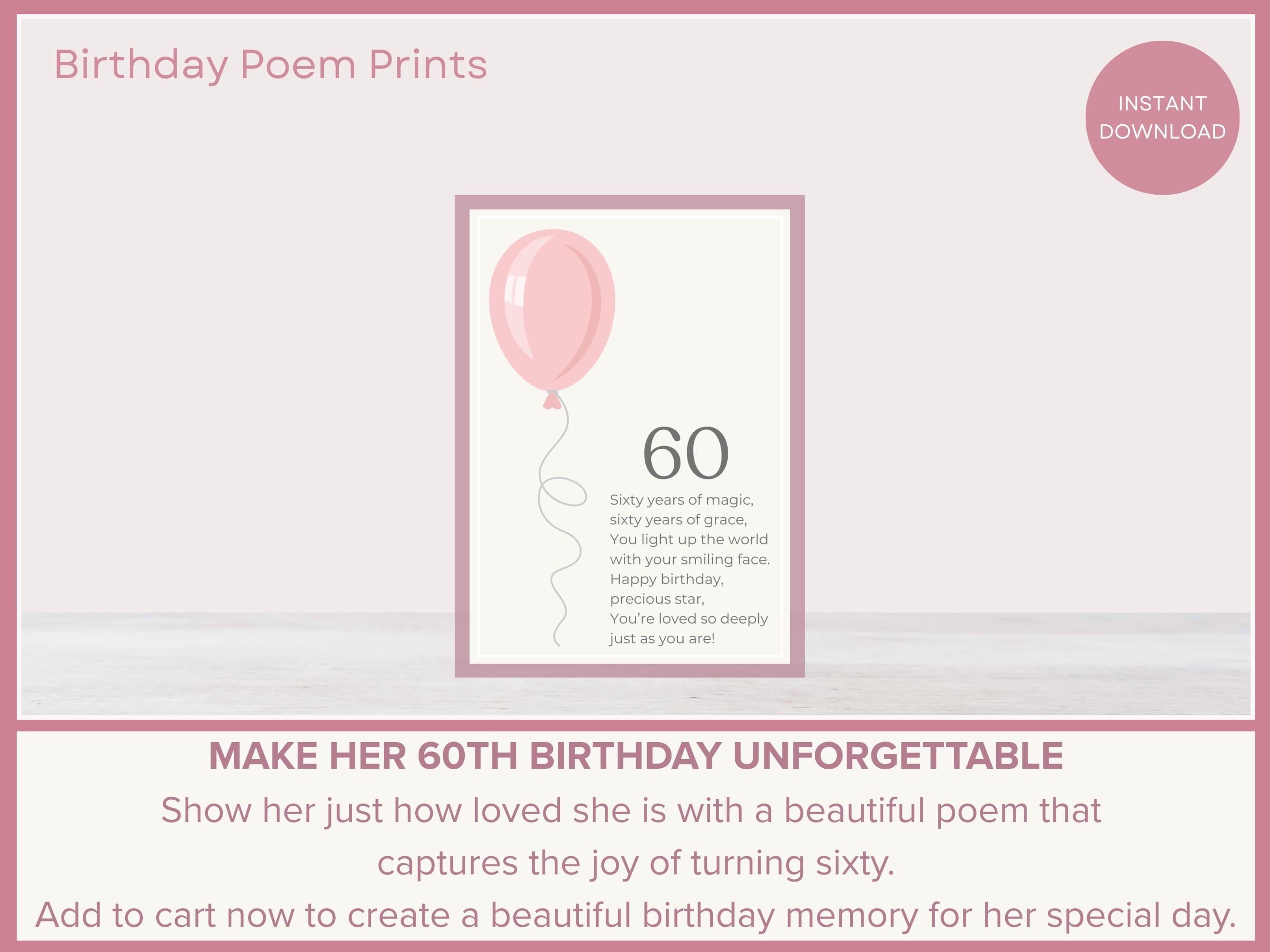60th Birthday Poem Printable: Gift for Mom, Sister, Wife, Friend ...