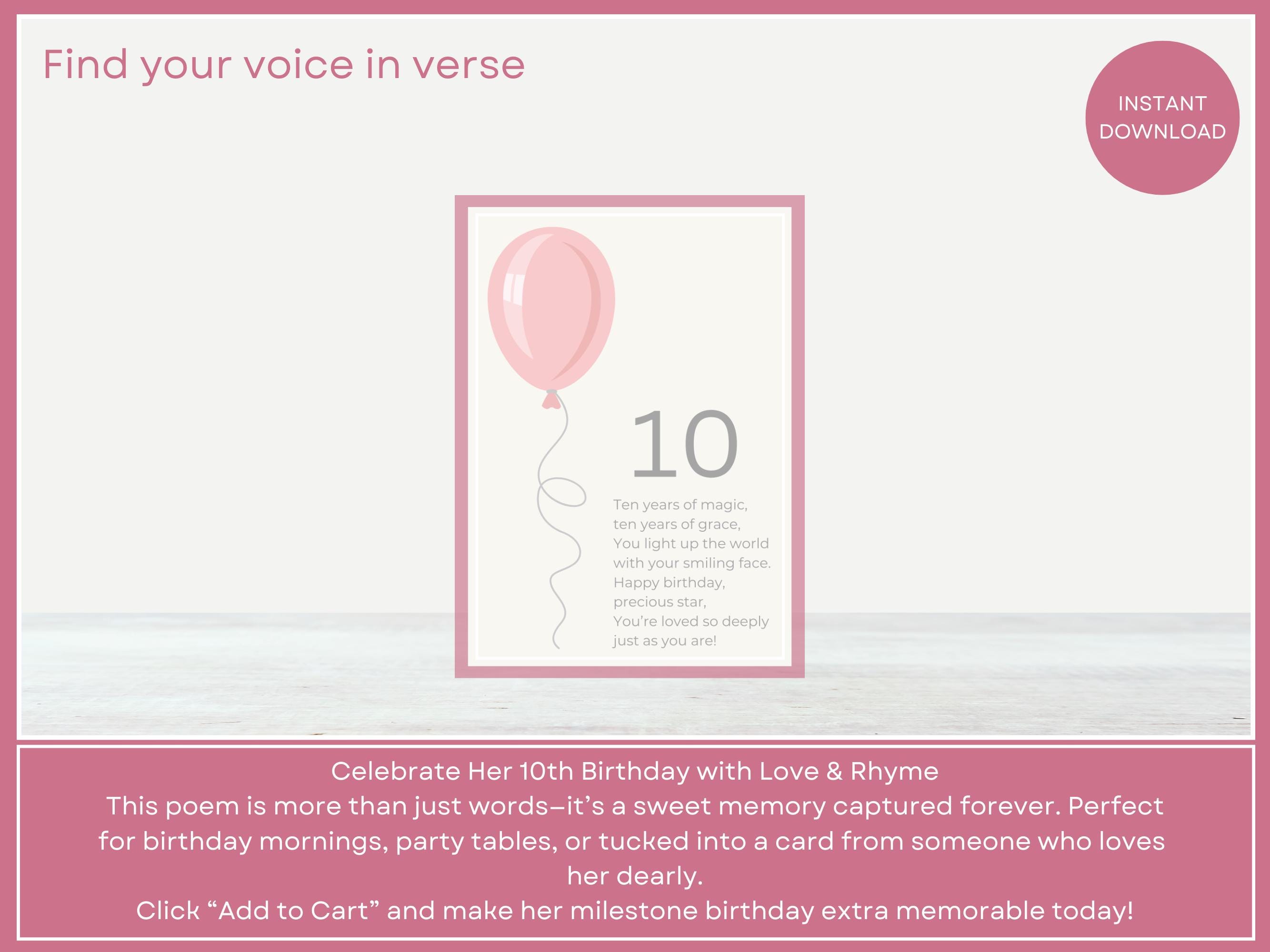 10th Birthday Poem Printable for Daughter or Granddaughter Instant ...