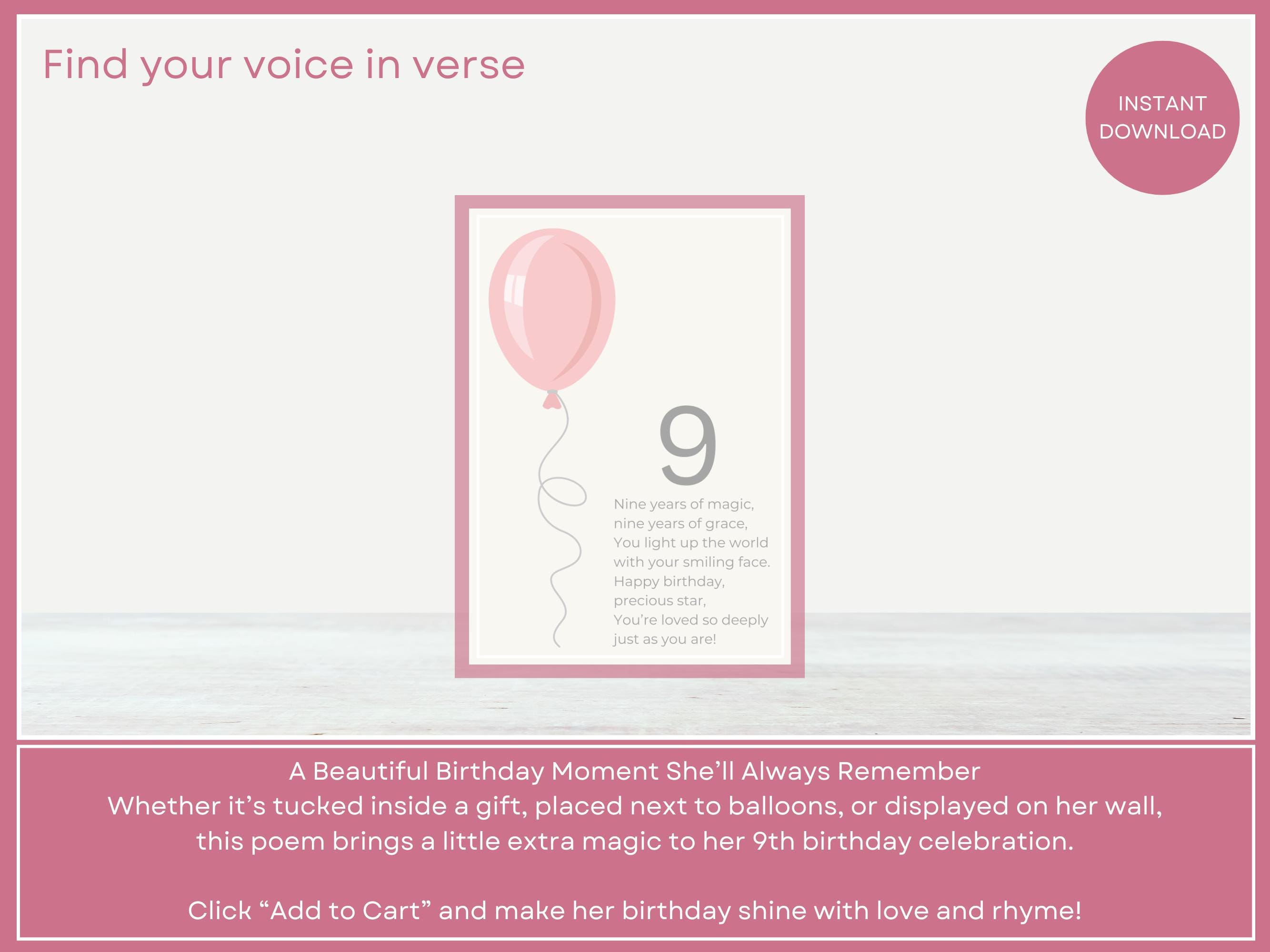 9th Birthday Poem Print for Daughter Granddaughter or Any Little Girl ...
