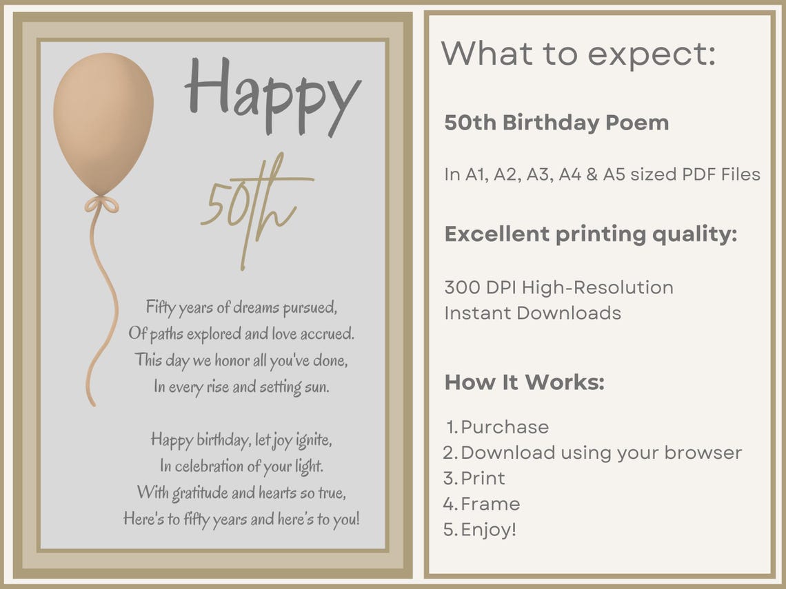 50th Birthday Poem Print: Elegant Milestone Gift (digital Download) - Etsy