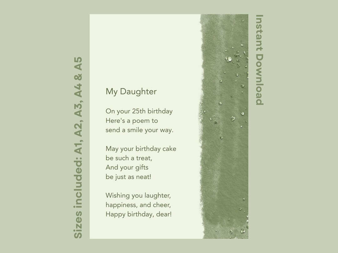 Happy Birthday Poem for Daughter's 25th Printable Gift Best Wishes on ...