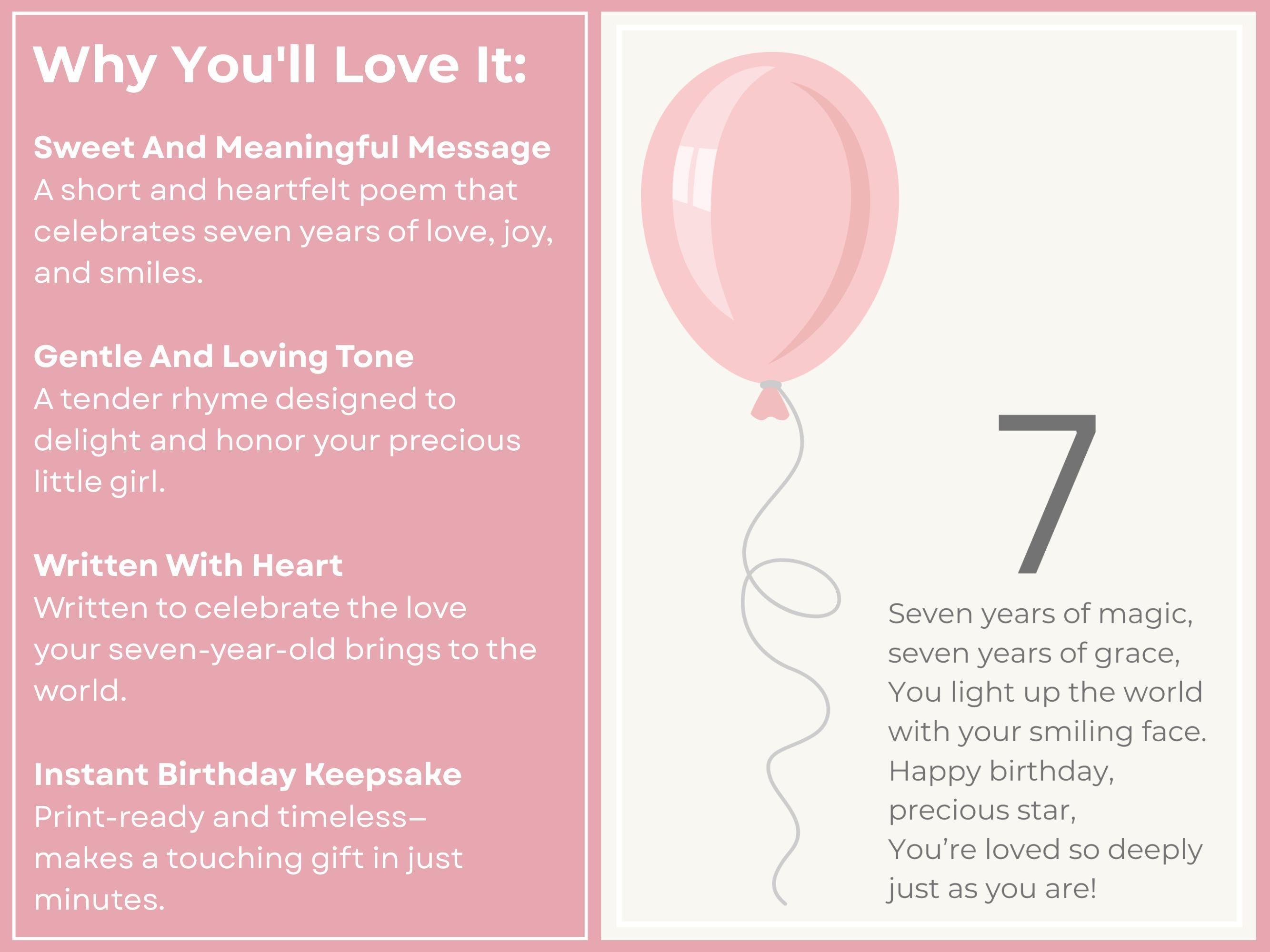 7th Birthday Poem Printable Pink Celebration Gift Instant Download - Etsy