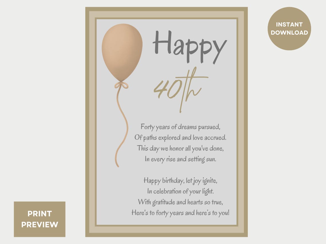 40th Birthday Poem Printable for Him or Her: Elegant Keepsake Gift ...