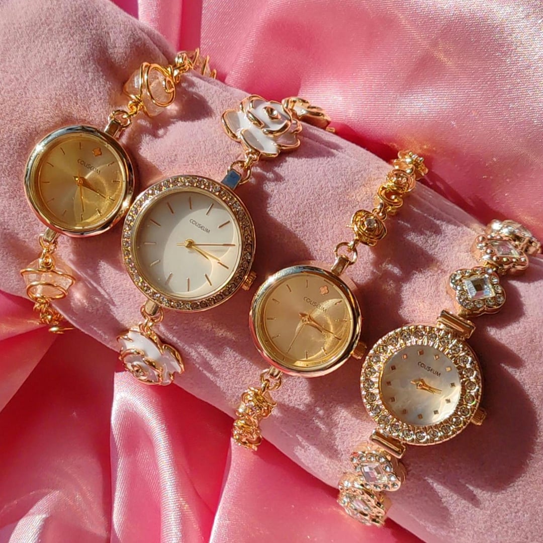 Gold Filled Zircon Watch: Rosebud Floral Charm Bracelet - Etsy