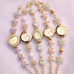 Floral Charm Bracelet Watch: Pink Zircon, 18K Gold Filled - Etsy