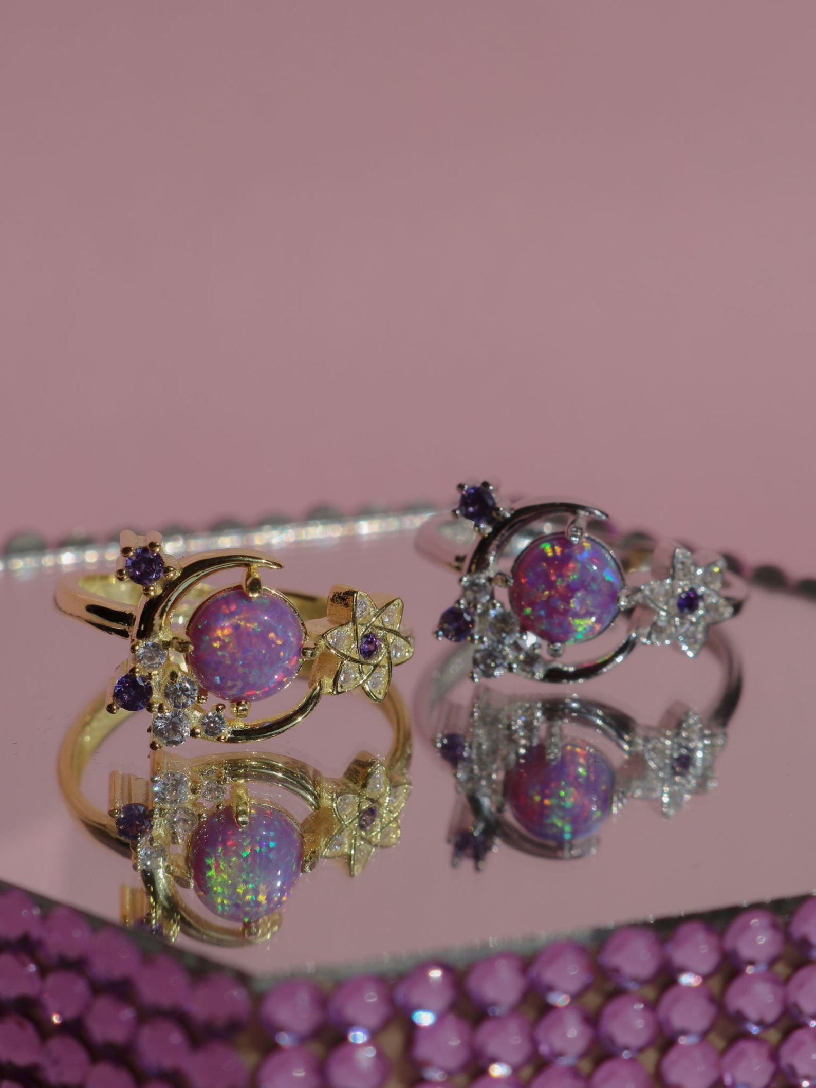 Starlight Universe Sun and Moon Opal Ring, 925 Sterling Silver Purple ...