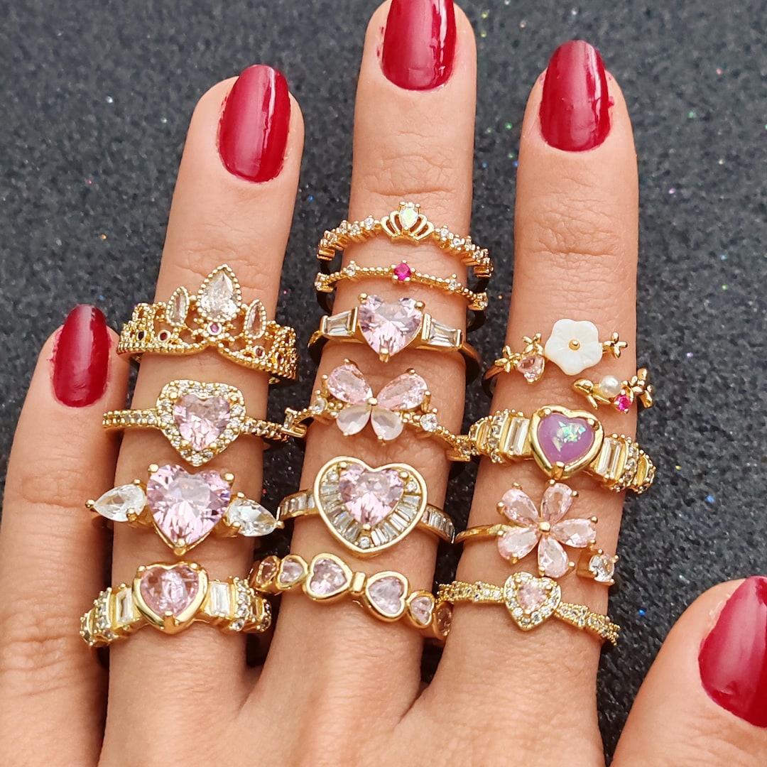 Stackable Ring Set, Minimal Pink Stacking Ring, Rapunzel Crown Ring ...