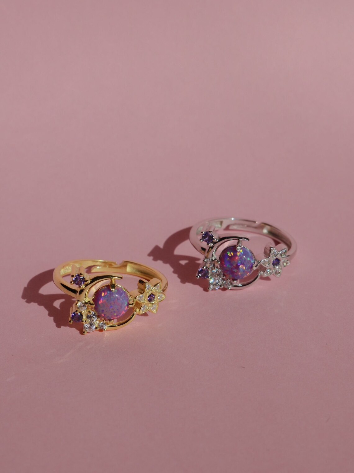 Starlight Universe Sun and Moon Opal Ring, 925 Sterling Silver Purple ...