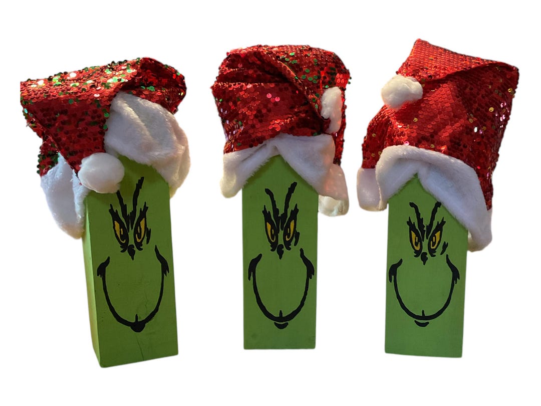 Grinch Wooden Blocks With Sequin Santa Hat - Etsy