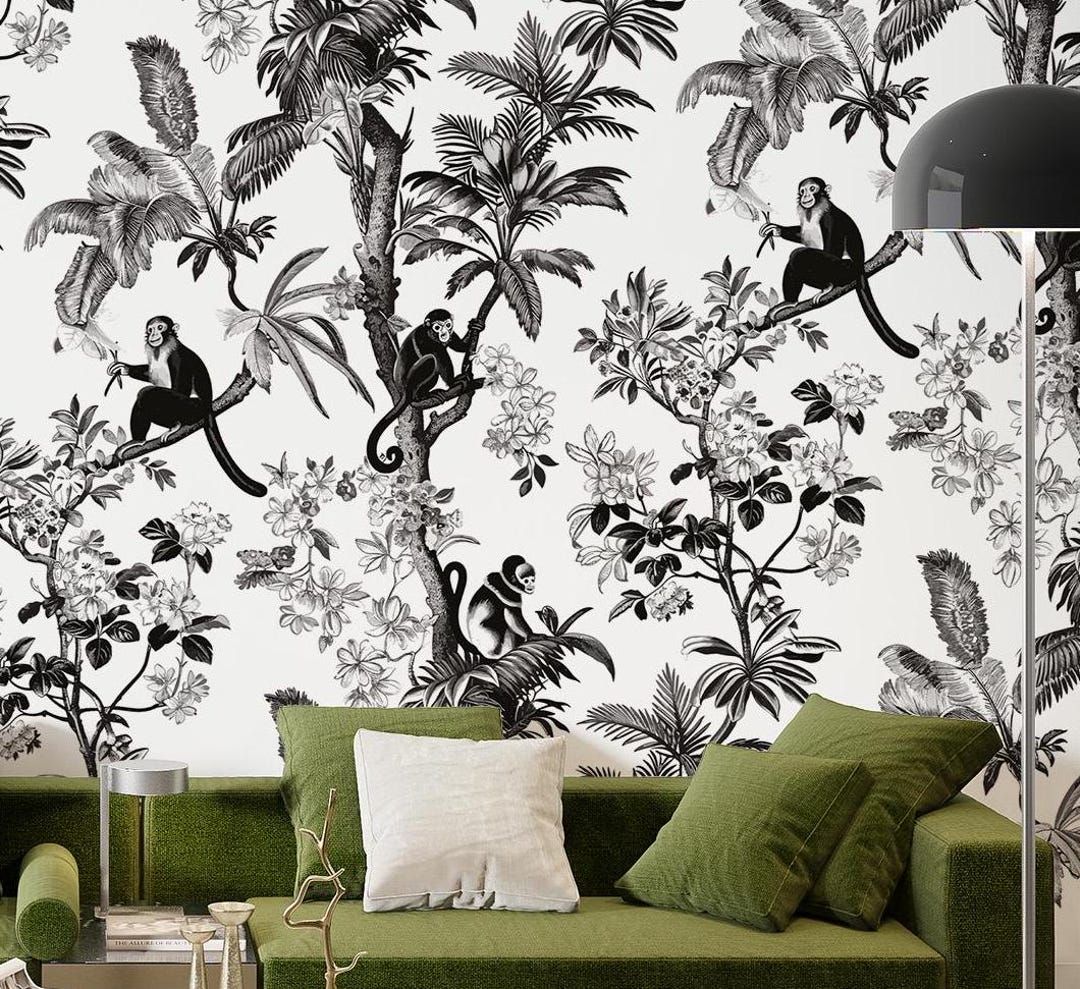 Vintage Jungle Monkey Wallpaper, Black and White Tropical Peel and ...