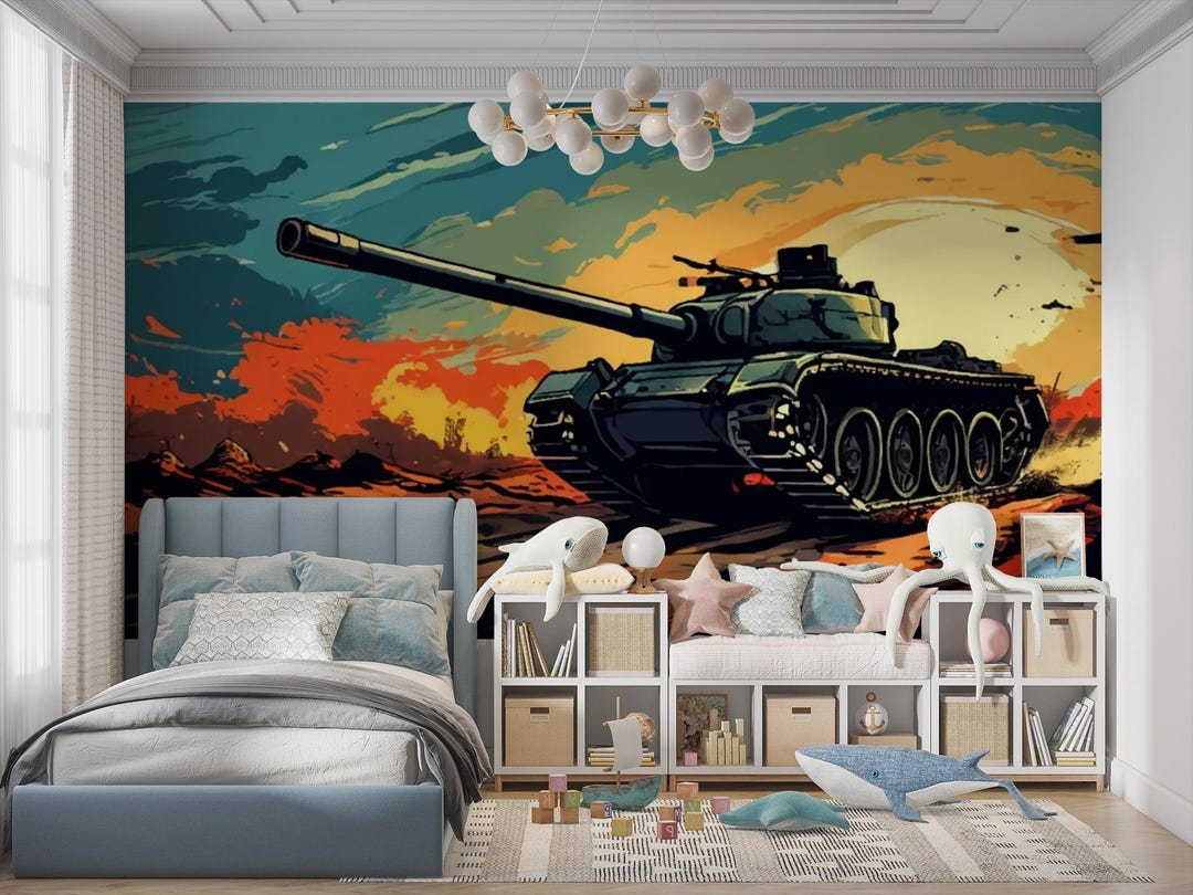 War Tank Wallpaper Mural, Military Tank Digital Art With Fire Sky ...