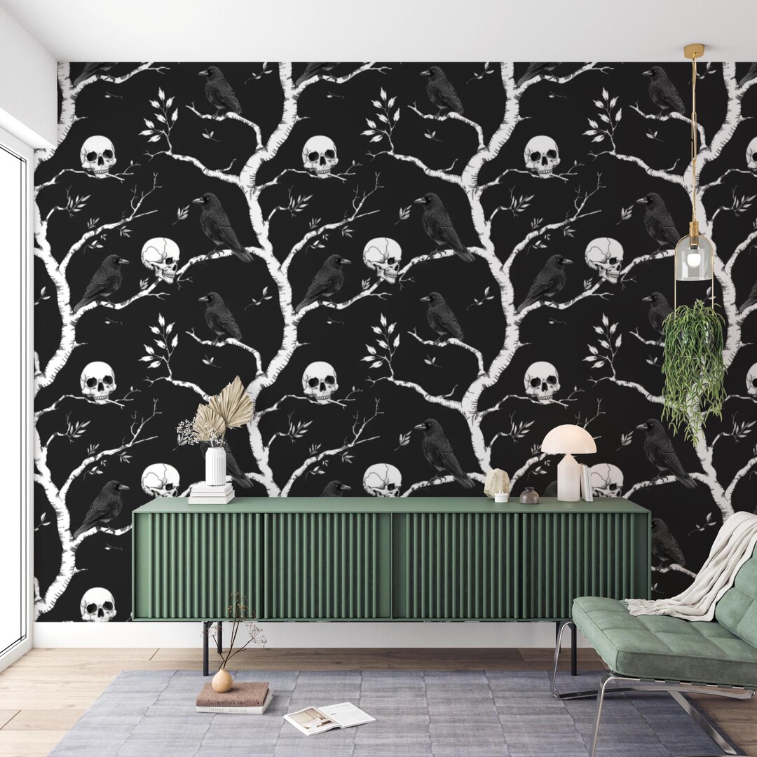 Removable Gothic Skull and Raven Wallpaper, Dark Tree Pattern, Self ...