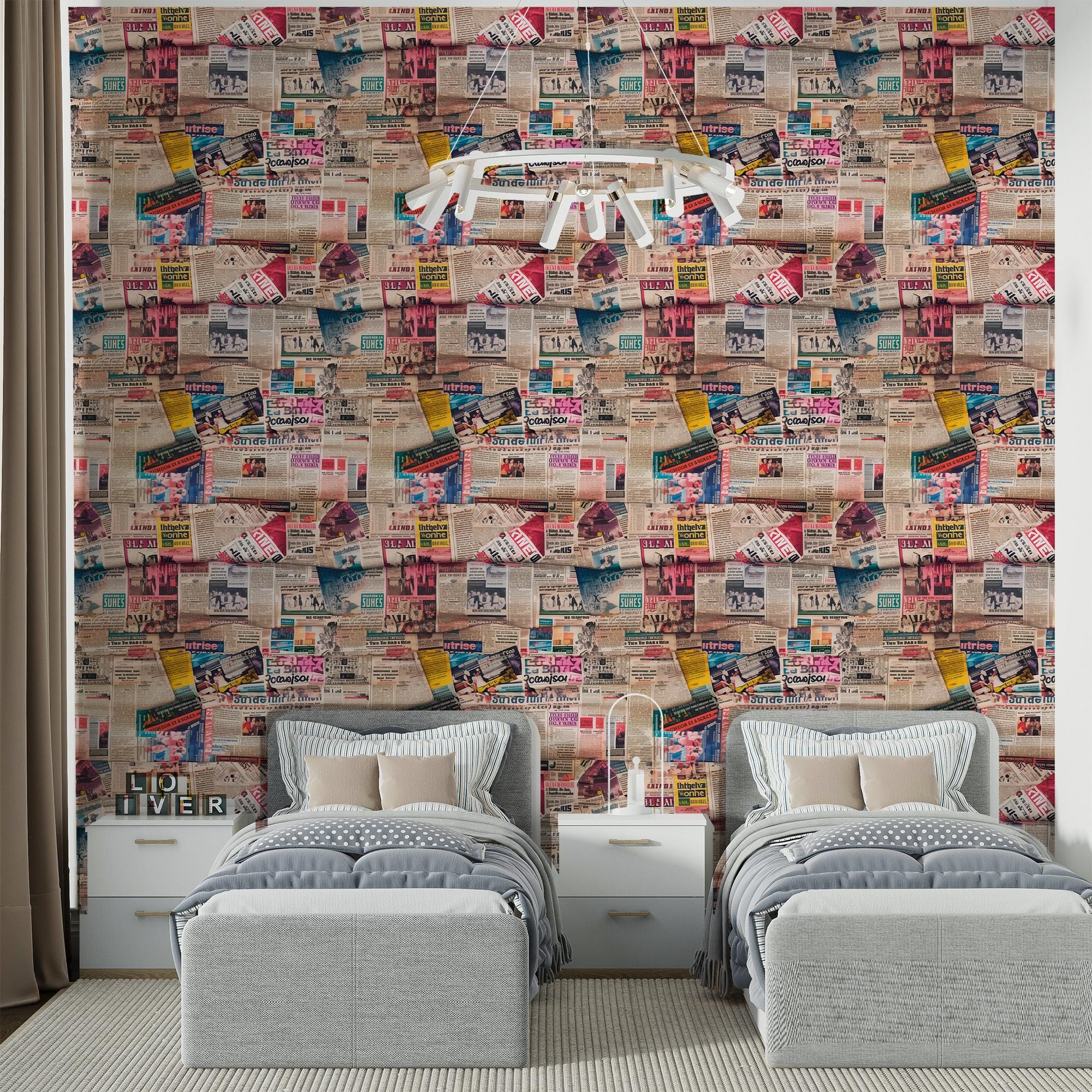 Vintage Newspaper Collage Wallpaper, Retro Pop Art Peel and Stick Wall ...