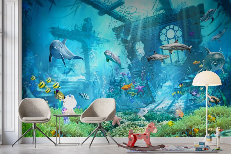Sunken City Kids Room Wallpaper, Underwater World Mural With Dolphins ...