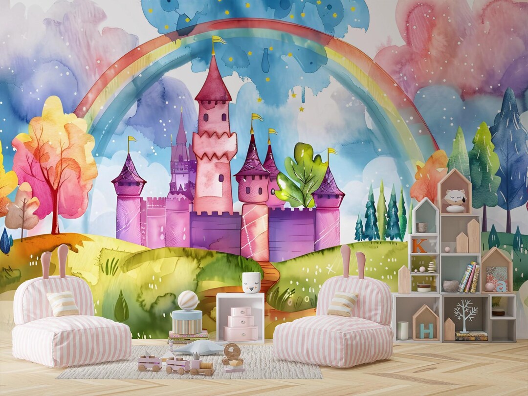 Watercolor Rainbow Castle Wallpaper, Peel and Stick Nursery Mural - Etsy