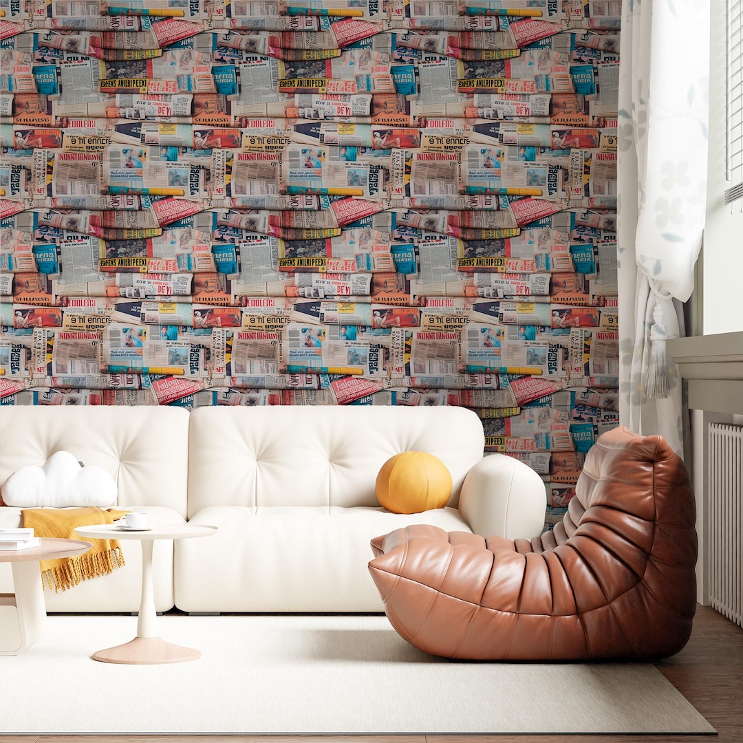 Retro Newspaper Collage Wallpaper, Vintage Press Wall Mural With Bold ...