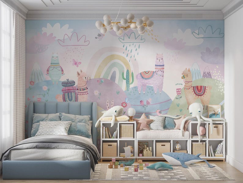 Llama Nursery Wallpaper, Rainbow Mural, Boho Alpaca & Cactus, Playroom ...