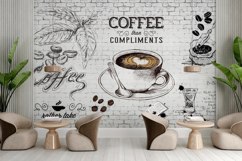 Coffee Sketch Brick Wallpaper, Cafe Wall Decor, Rustic Coffee Art ...