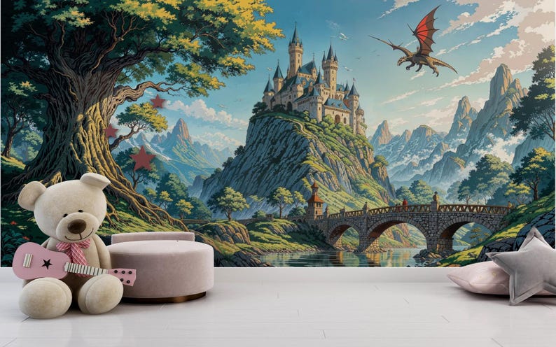 Dragon Castle Peel and Stick Wallpaper, Fantasy Mural, Kids Room Decor ...