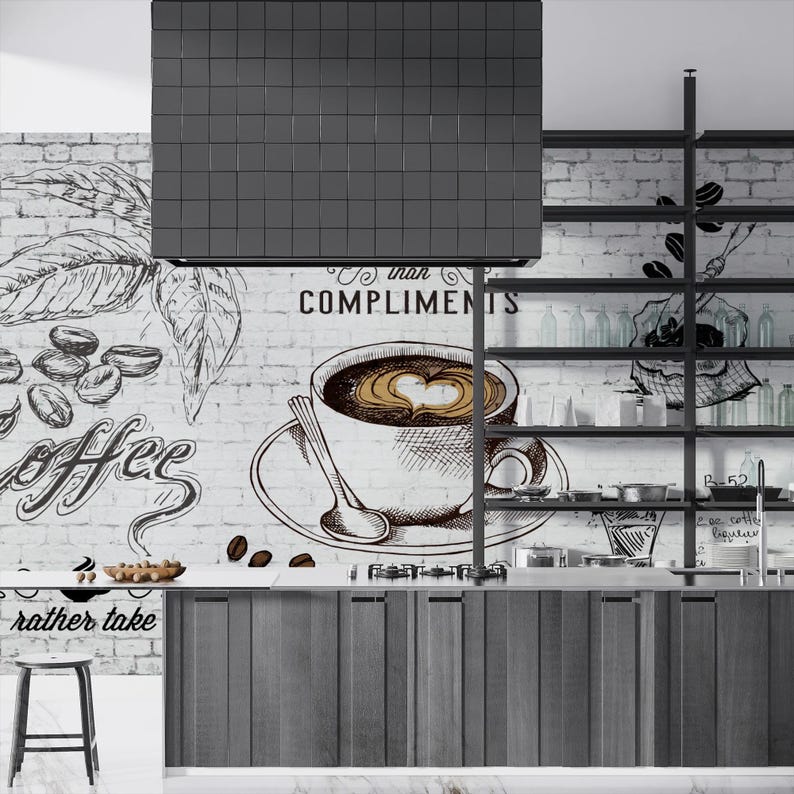 Coffee Sketch Brick Wallpaper, Cafe Wall Decor, Rustic Coffee Art ...
