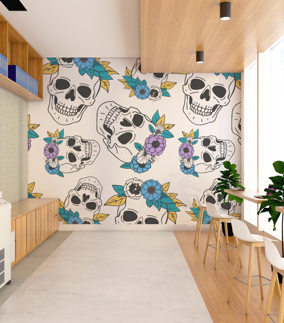 Floral Skull Wallpaper, Colorful Skull Wall Art With Flowers for Modern ...