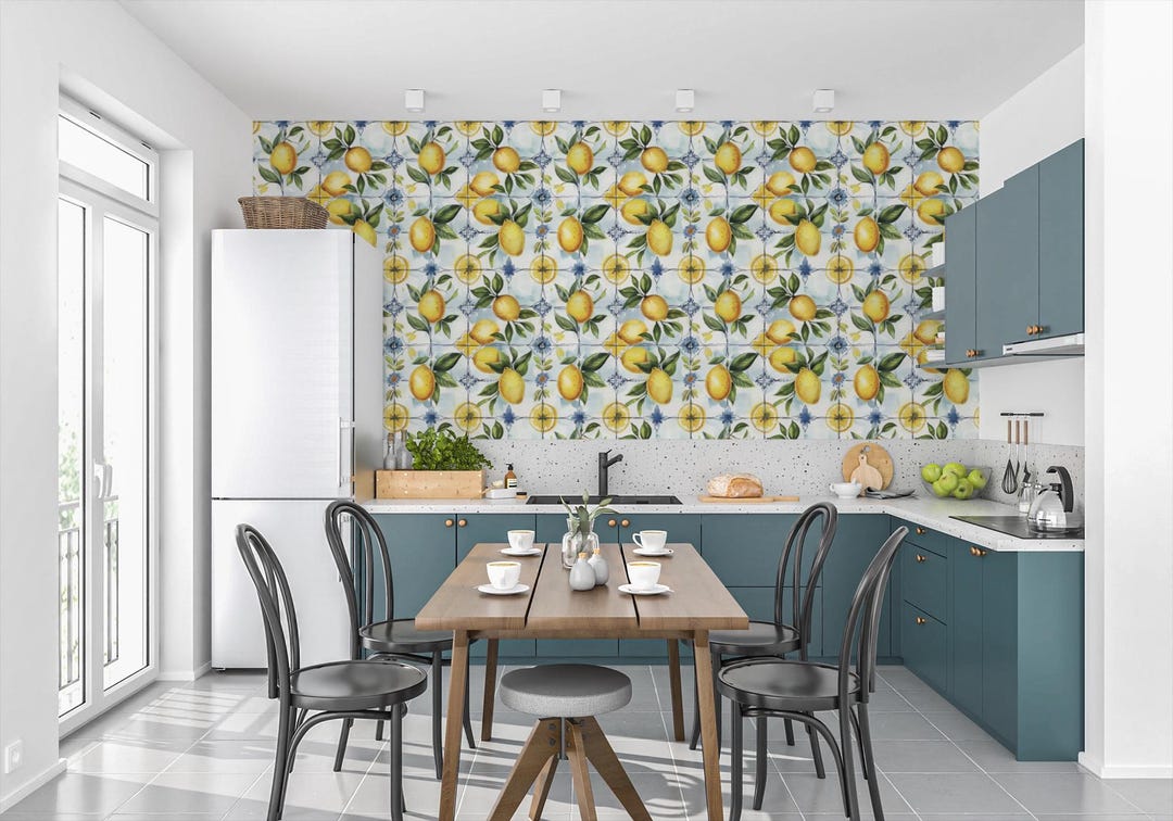 Bright Lemon Tile Wallpaper | Mediterranean Style Citrus Wall Mural ...