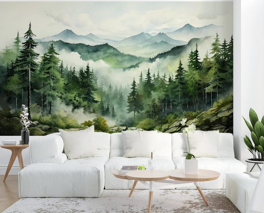 Forest Mountain Landscape Wallpaper, Misty Green Tree Wall Mural ...