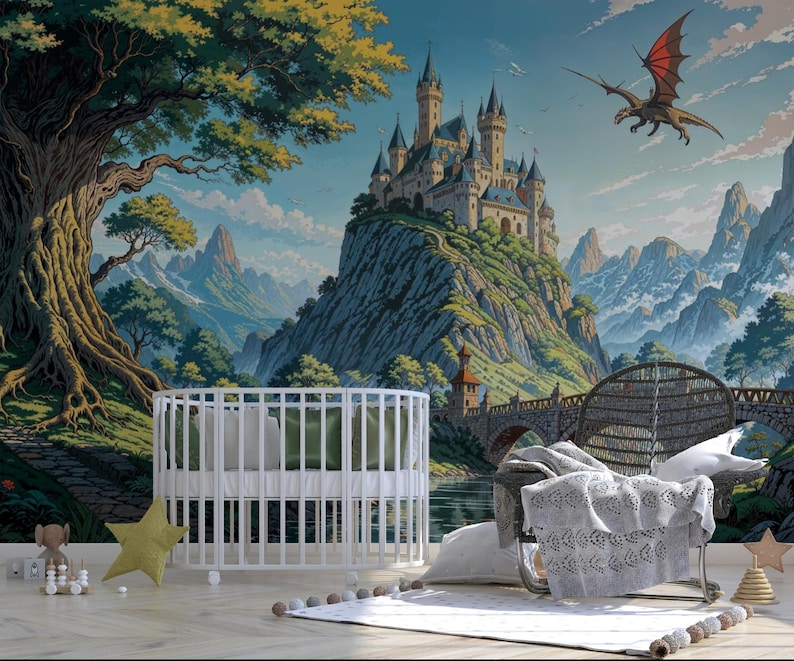 Dragon Castle Peel and Stick Wallpaper, Fantasy Mural, Kids Room Decor ...